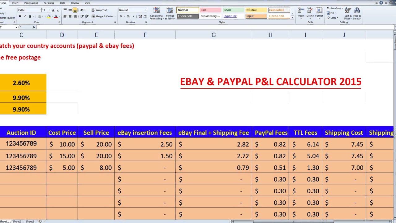 Ebay Profit Calculator Spreadsheet - Invoice Template