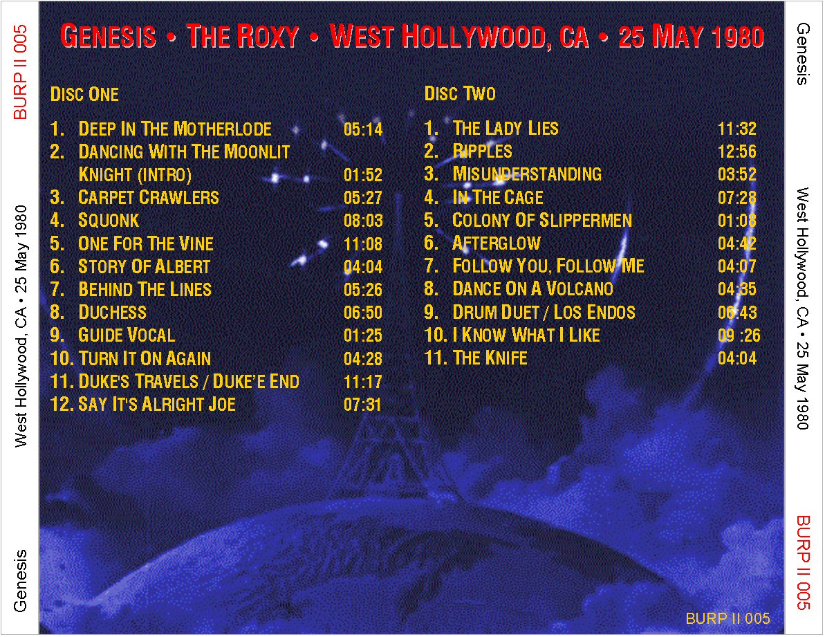 PLUMDUSTY'S PAGE: Genesis 1980-05-25 The Roxy, West Hollywood CA(BURP 005)