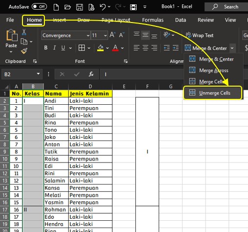 Cara Filter Cell yang Sudah di Merge Cells ~ sebaung.com