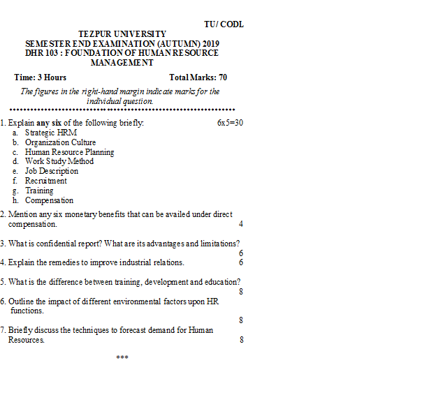 TEZPUR UNIVERSITY (TU/CODL) SEMESTER END DHR 103: FOUNDATION OF HUMAN ...