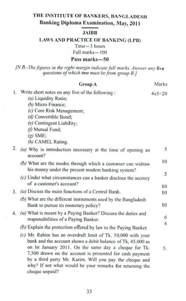 Laws and Practice of Banking Question 2011-2018 - Banking Diploma Education