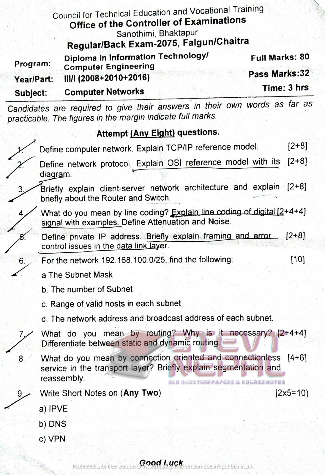 Computer Networks 5th Semester Questions Papers Ctevt Diploma In Computer Engineeringit