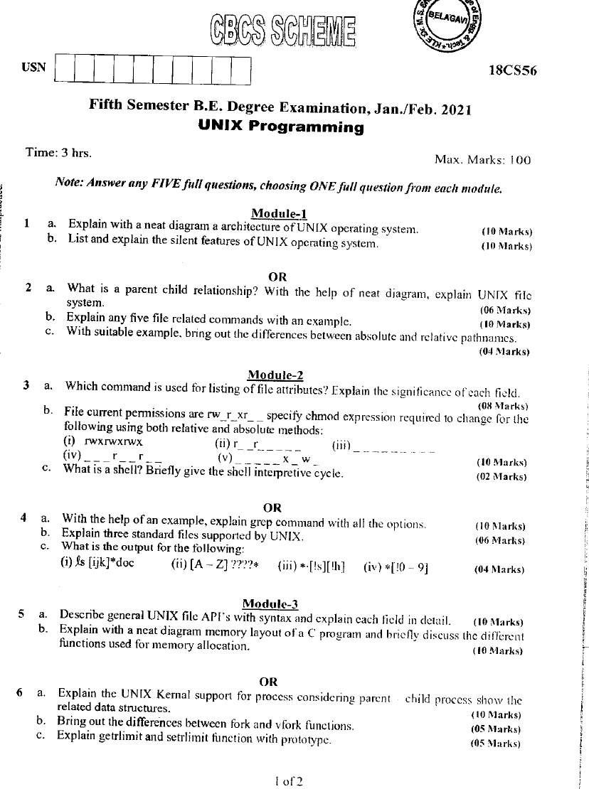 Visvesvaraya Technological University Be Computer Science Cbcs Fifth Semester 18cs56 Unix