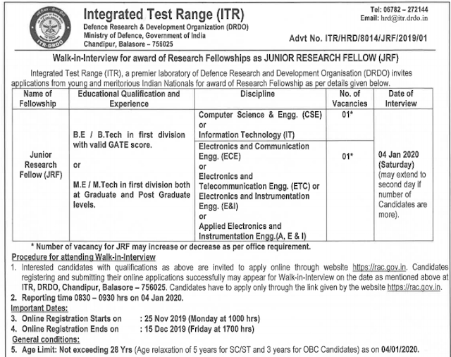 UDYOG ADDA: DRDO INTEGRATED TEST RANGE ITR WALK IN INTERVIEW FOR JUNIOR ...