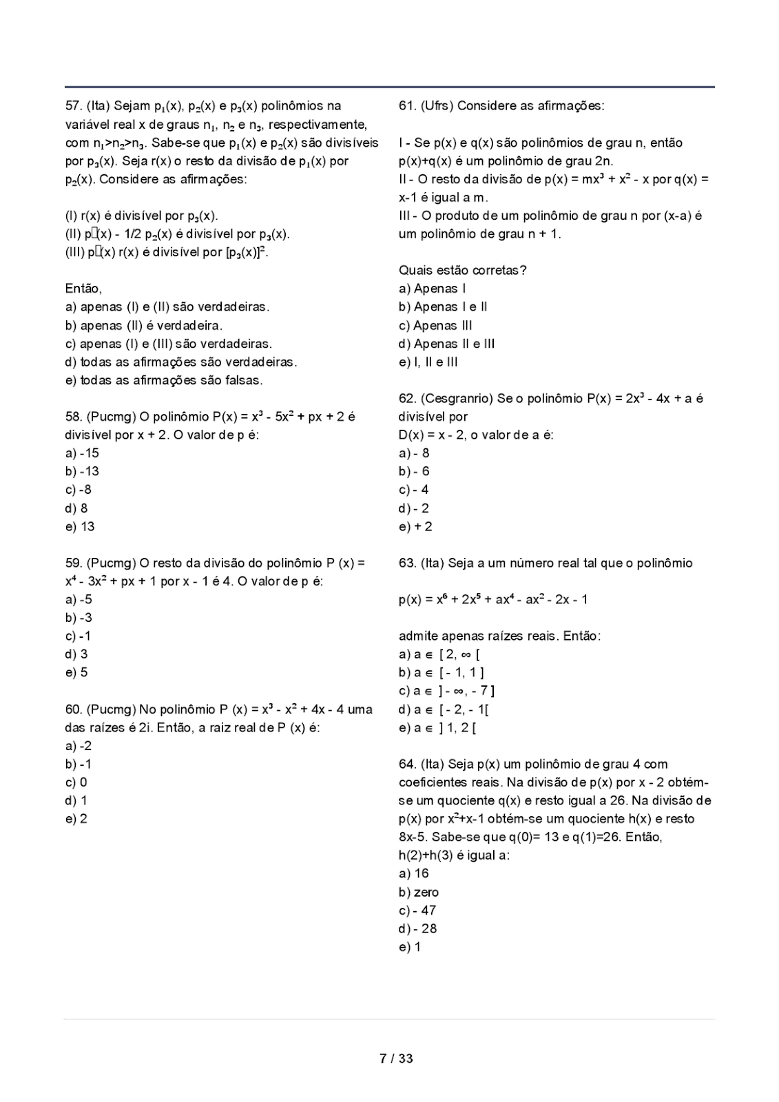 32 Exercicios De Matemática Com Gabarito Polinômios