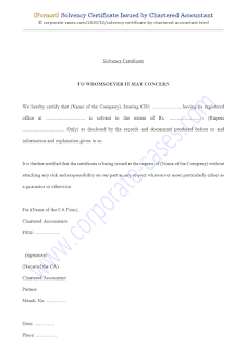 Solvency Certificate format by Chartered Accountant CA & Bank