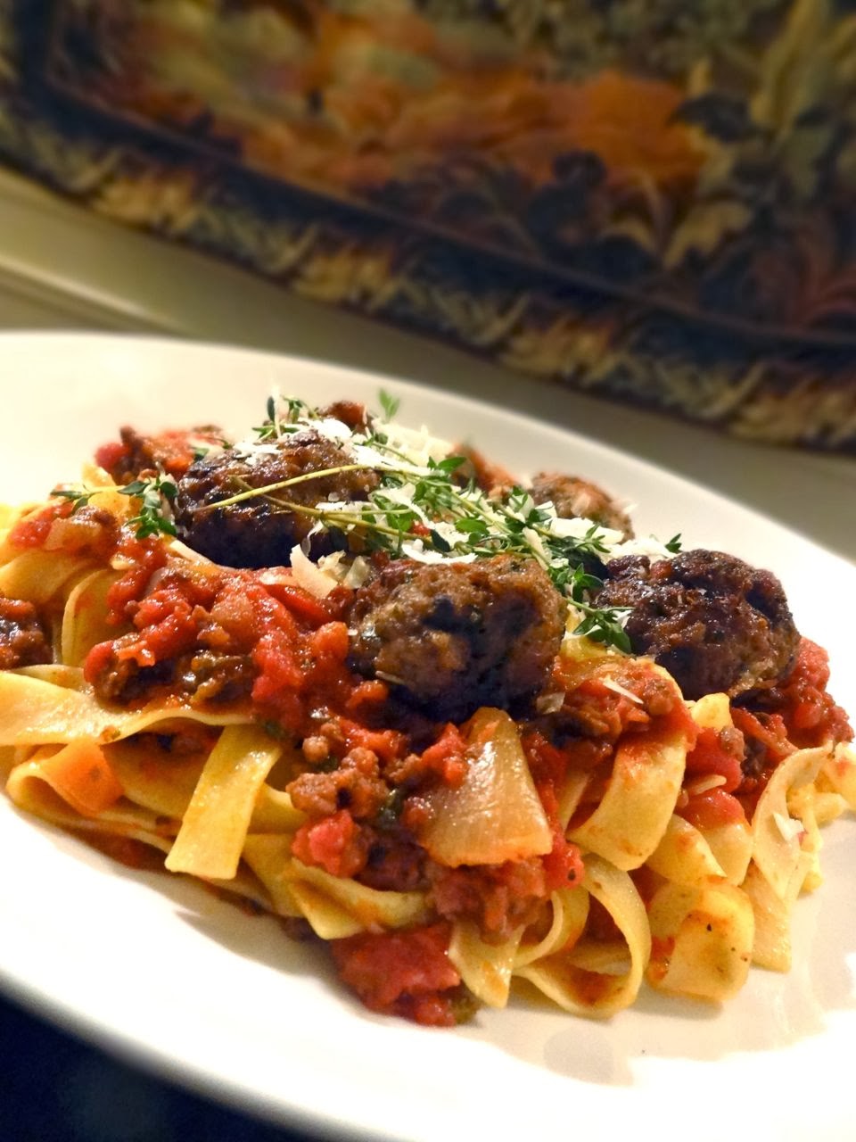 Scrumpdillyicious: Tagliatelle Marinara with Meatballs, Pecorino & Thyme