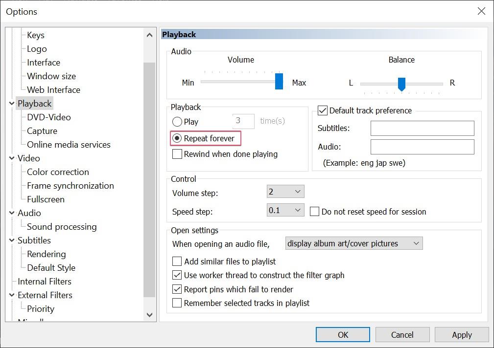 MPC BE Player and Playback tab settings Guide
