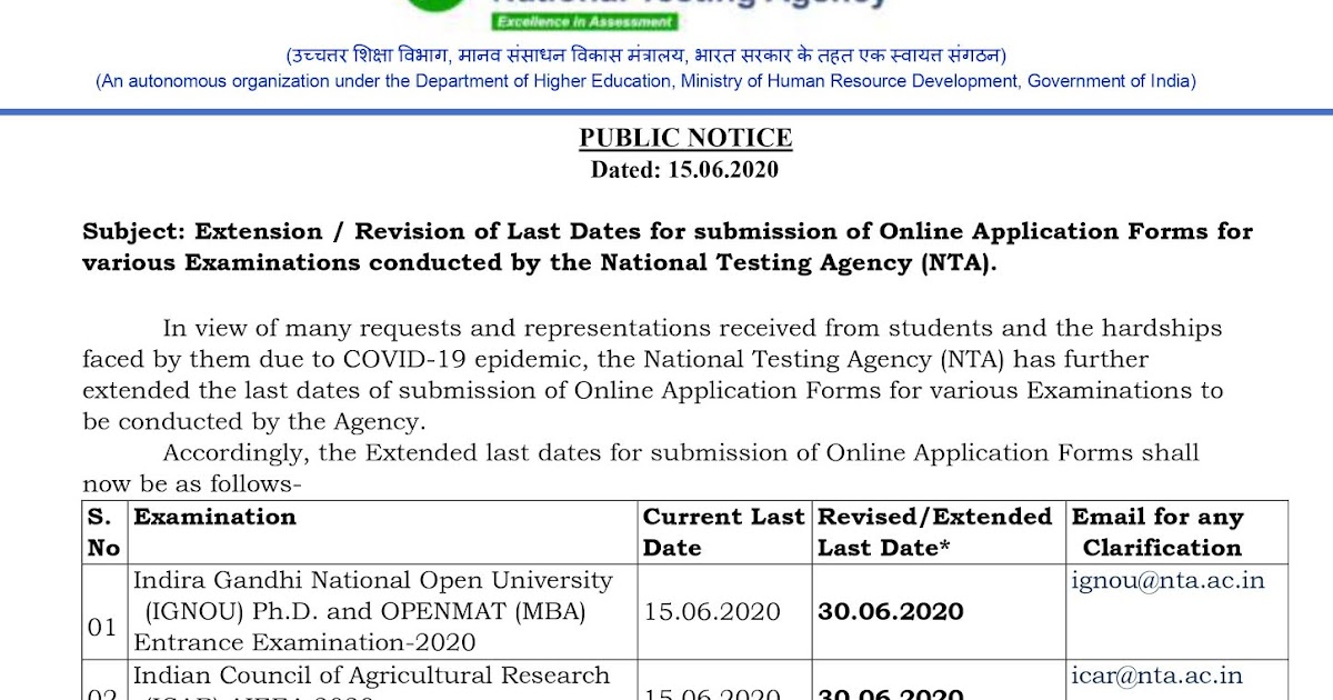 Extension/Revision of Last Dates for Submission of Online Application ...