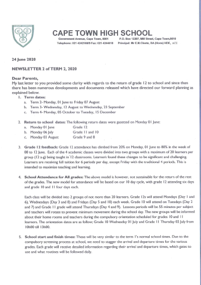 Cape Town High School: CTHS Principal's Letter to Parents - 24 June '20