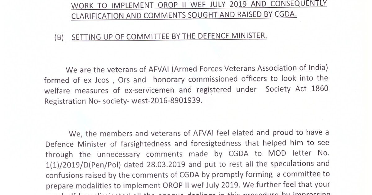 .: Letter sent to RM reg. Re-Fixing of Pension under OROP