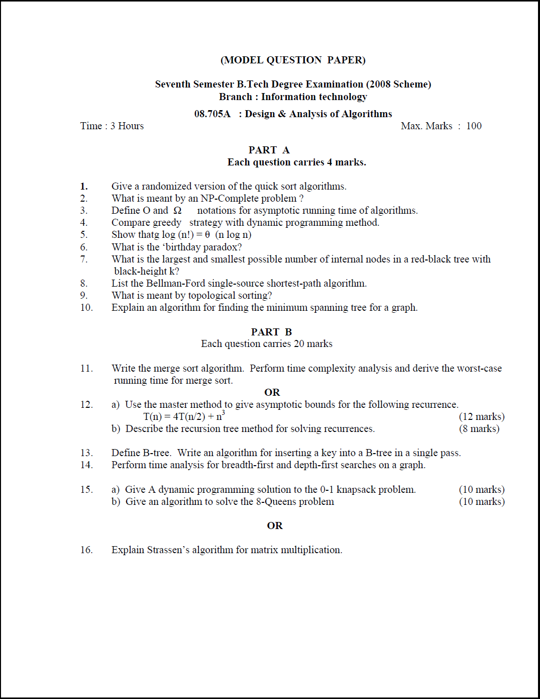 Kerala University B.Tech Design & Analysis Of Algorithms 2017 Question ...