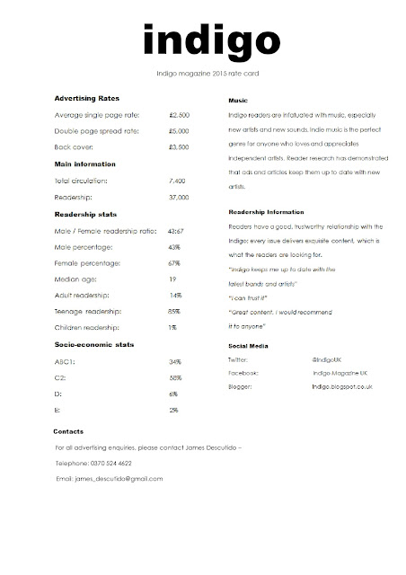 James Descutido's AS Media Studies Blog: Indigo Rate Card