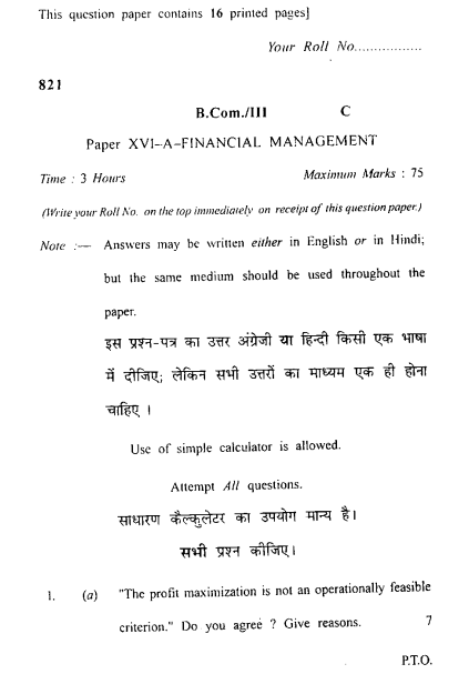 Financial Management B.Com Delhi University 2013 Question Paper ...