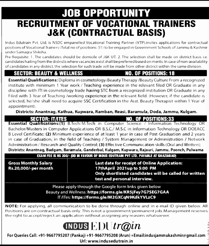 Indus Edutrain Pvt. Ltd, Jobs Recruitment 2021 for Vocational Training ...