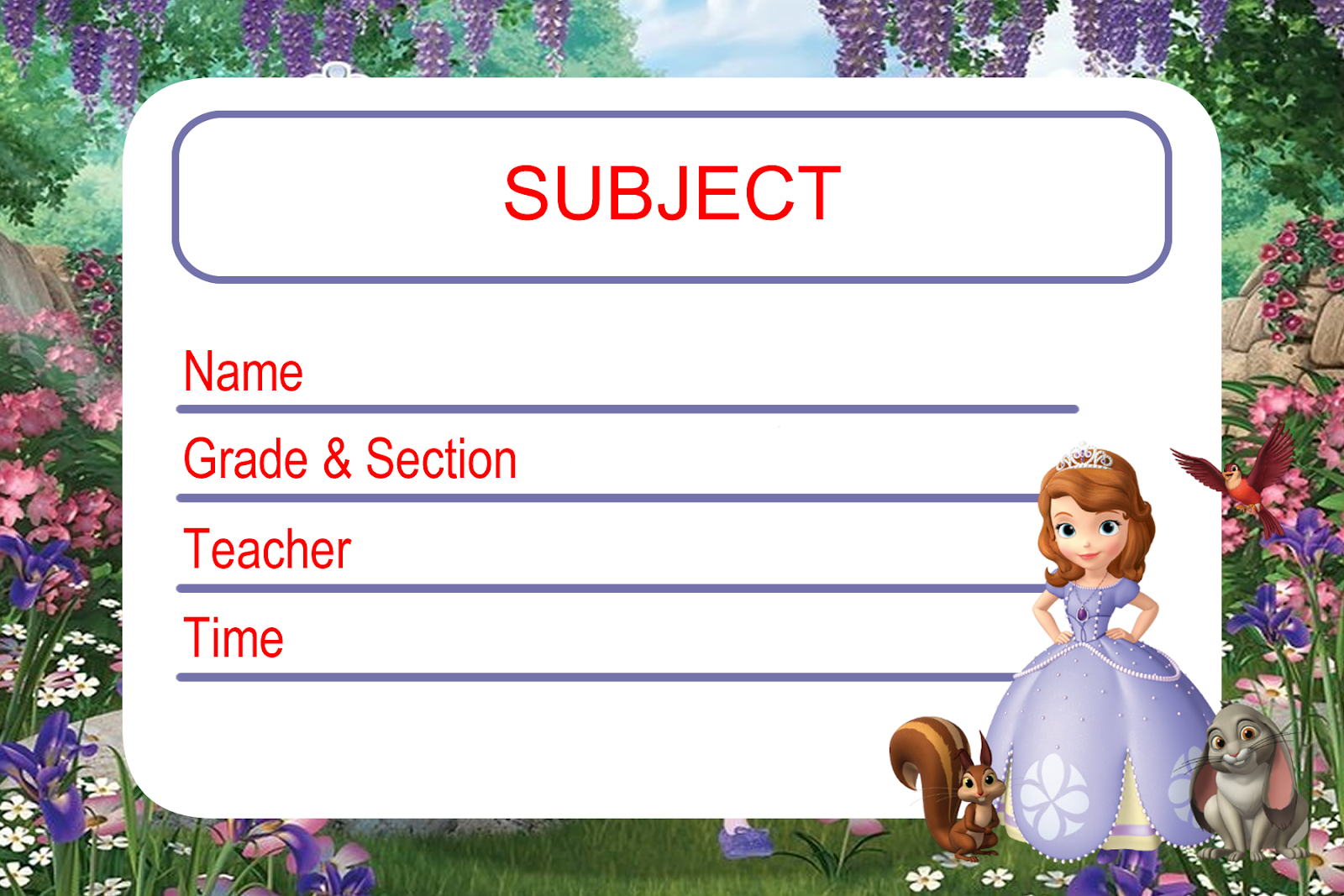 Editable Subject Label Sofia Character - Printable PNG Frames | Cartoon ...