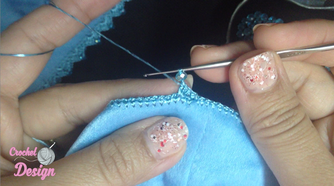 Crochet Design: How to make fancy crochet edging with beads on fabric