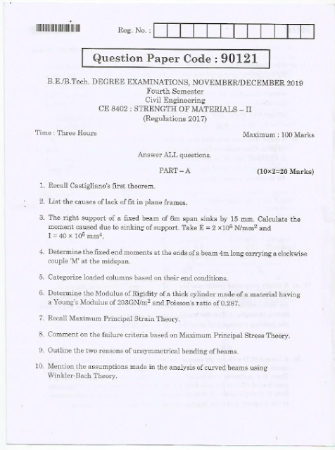 Anna University CE 8402 Strength Of Materials-II NOVEMBER/DECEMBER 2019 ...