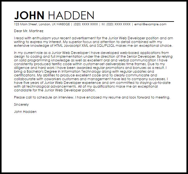 Sample Cover Letter Web Developer ~ Resume Letter