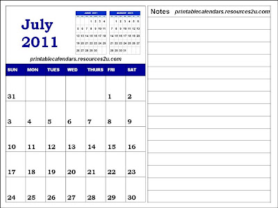 2011: Printable July 2011 Calendar with notes