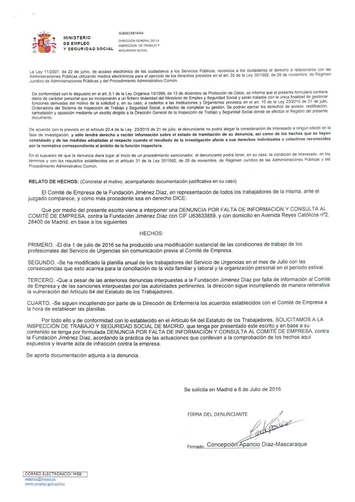 CCOO Fundación Jiménez Díaz: Comité de Empresa denuncia ante la I.T ... CCOO Fundación Jiménez Díaz: Comité de Empresa denuncia ante la I.T ...