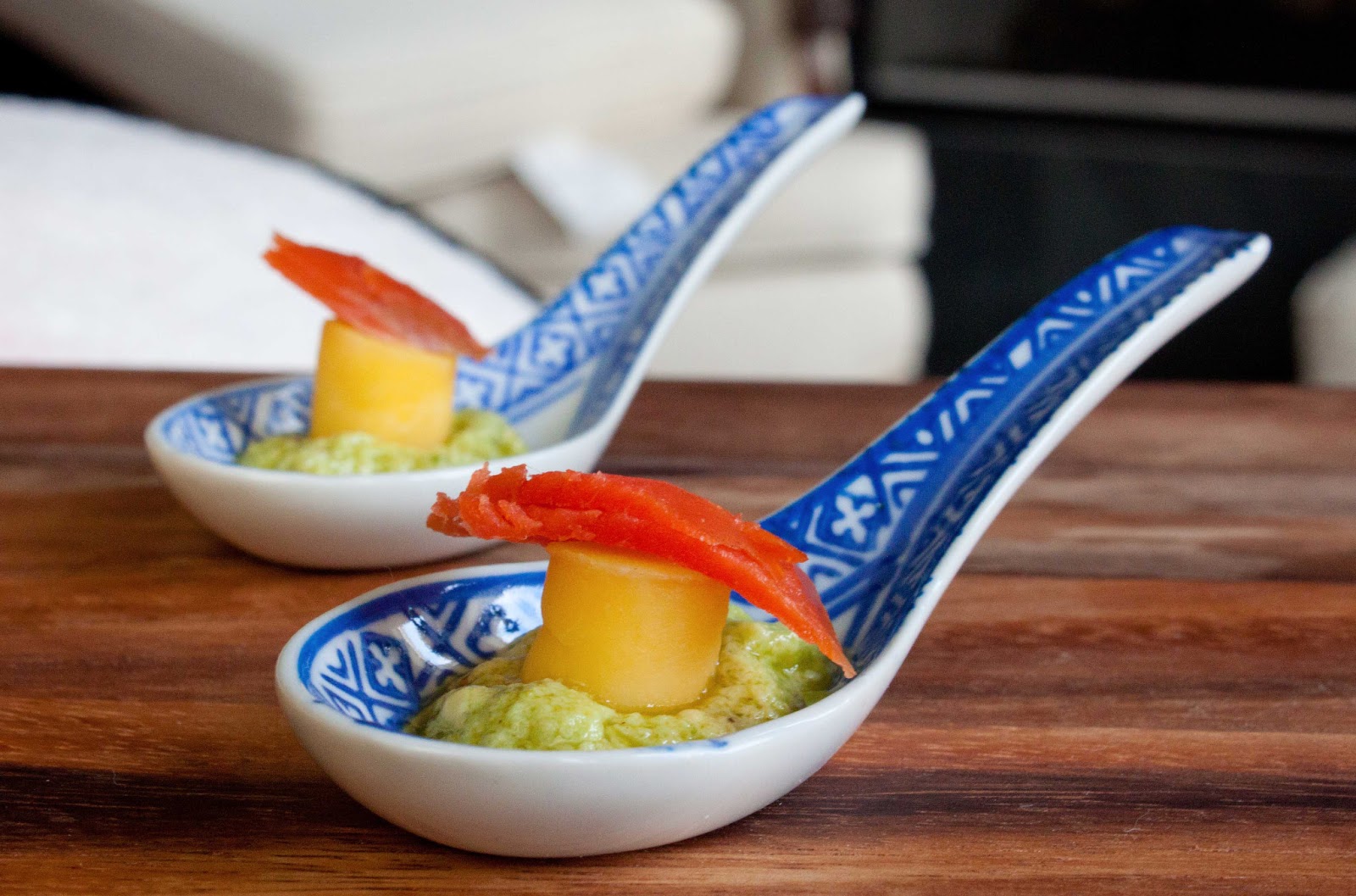 Fat and Happy Blog: Smoked Salmon and Mango on Avocado Mousse Appetizer