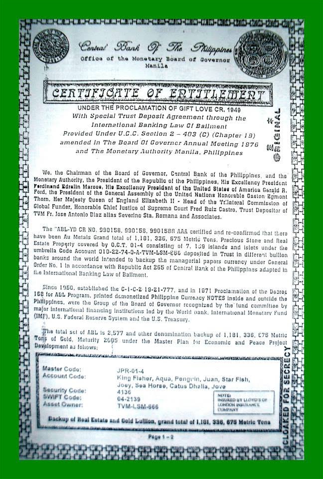 CERTIFICATE OF ENTITLEMENT The ABL-YD CR NO. 990158, 990158, 9901588 ...