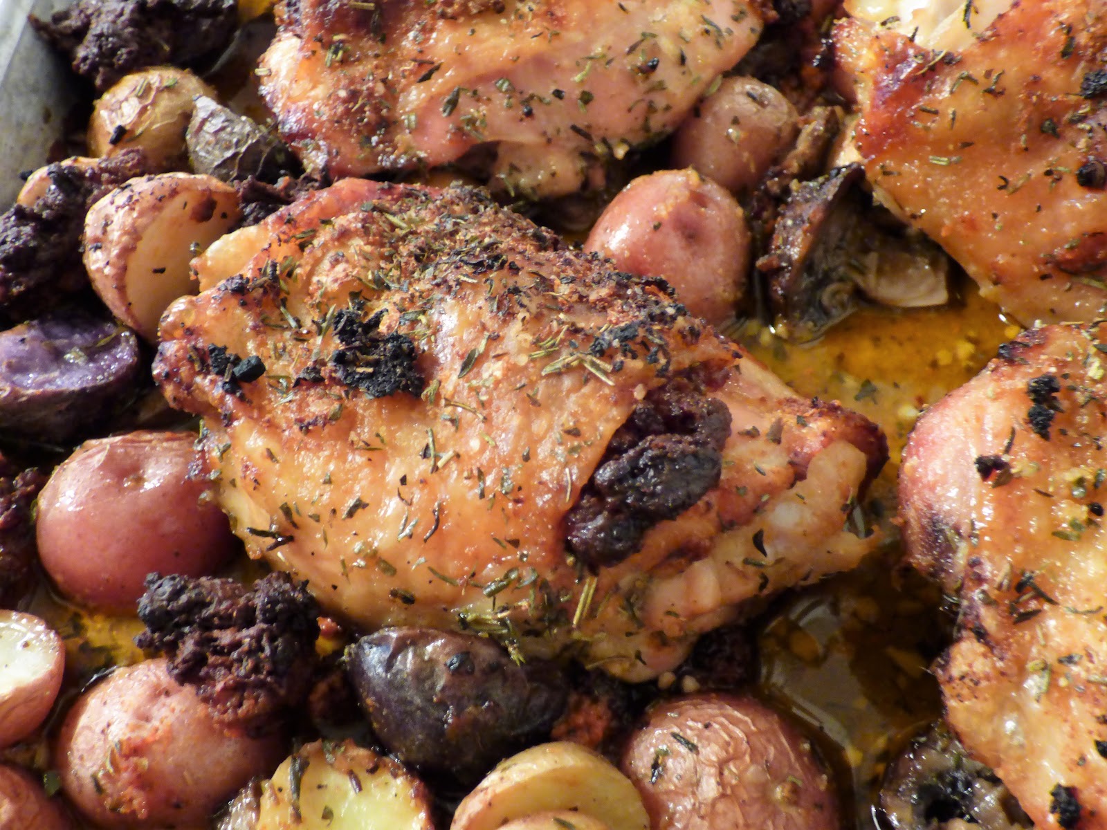 Crisp Skinned Chicken and Chorrizo over Veggies- One Pan Wonder!