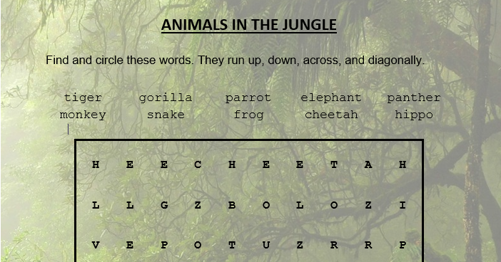 English Zone 26: ANIMALS IN THE JUNGLE - WORD SEARCH