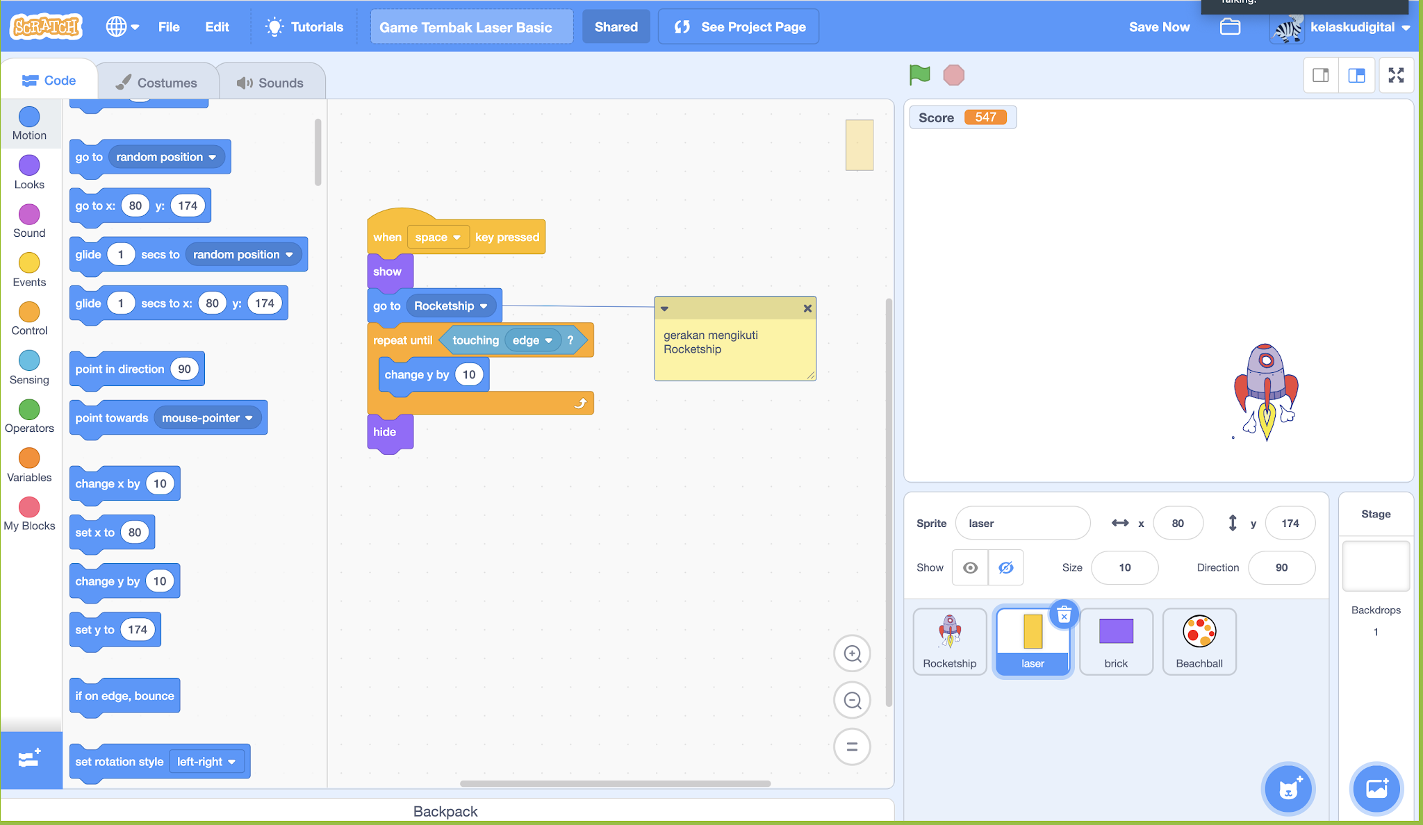 Tutorial Scratch 3.0: Membuat Game Tembak Laser