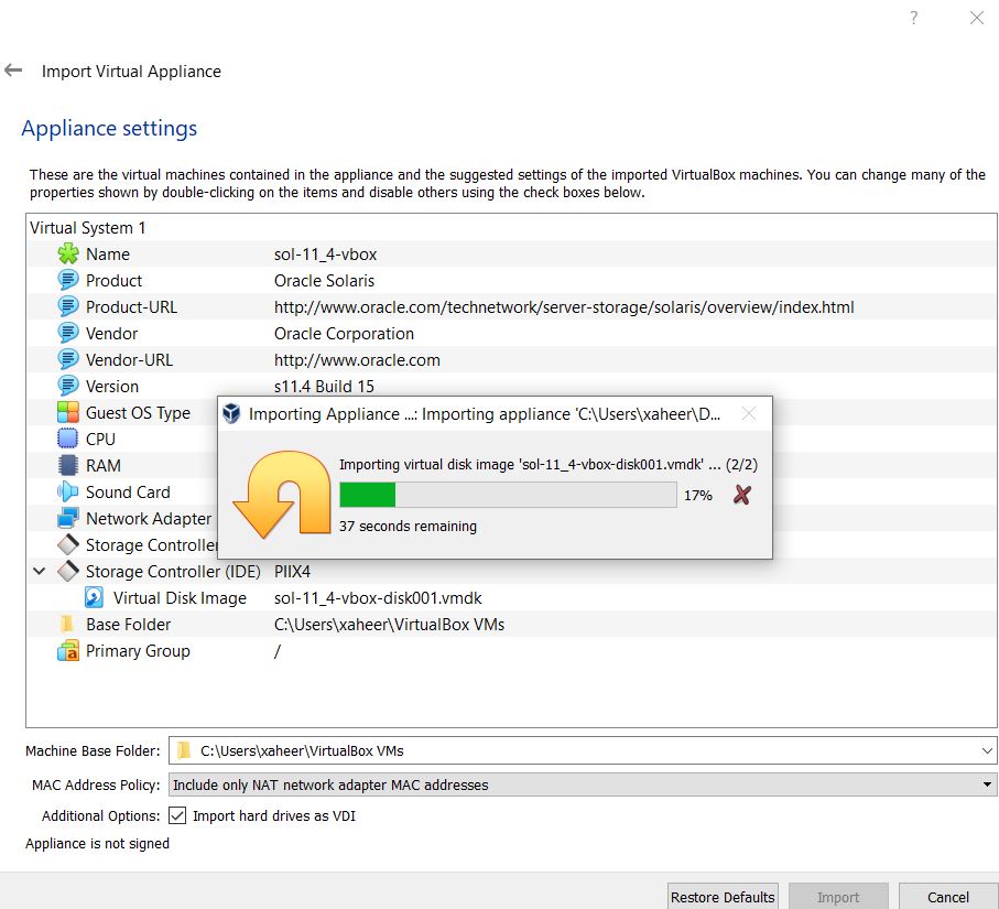 Oracle Solaris 11.4 VM Template - Import Virtual Box