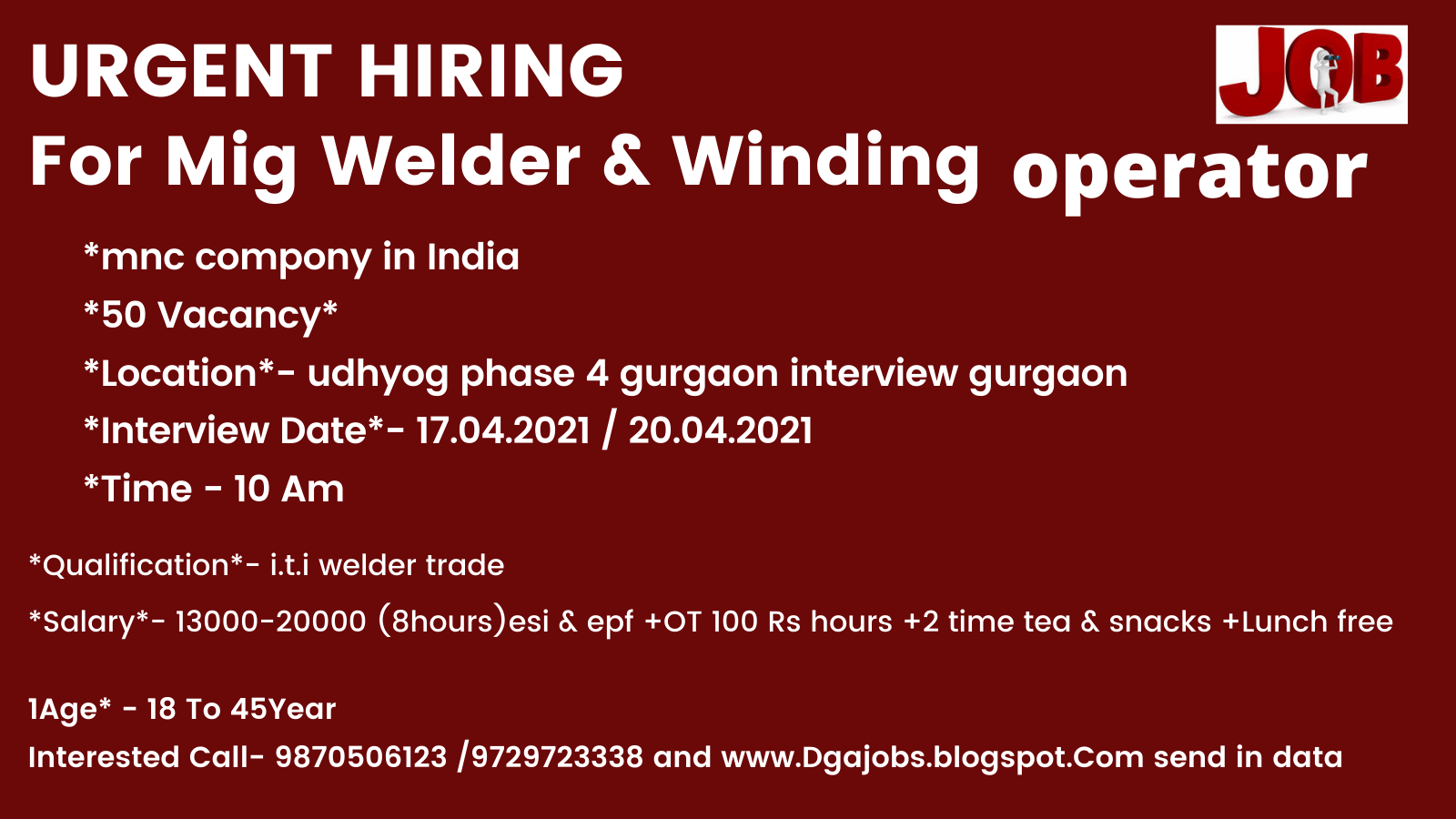 URGENT HIRING FOR MIG WELDER AND WINDING OPERATOR. - DGA MANPOWER AND ...