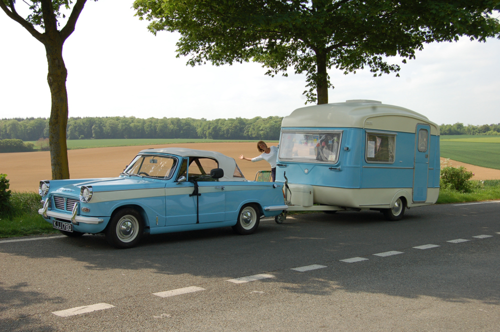 Beautiful 1200 Triumph Herald With a Vintage Cheltenham Caravan ...