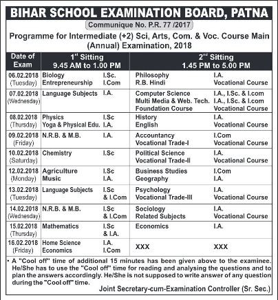 Bihar Board (BSEB) 12th Exam Time Table 2018
