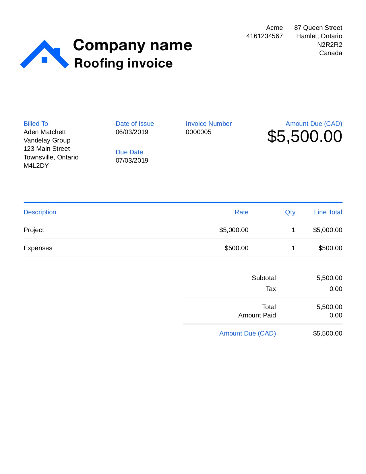 Roofing Receipt Template - Invoice Template