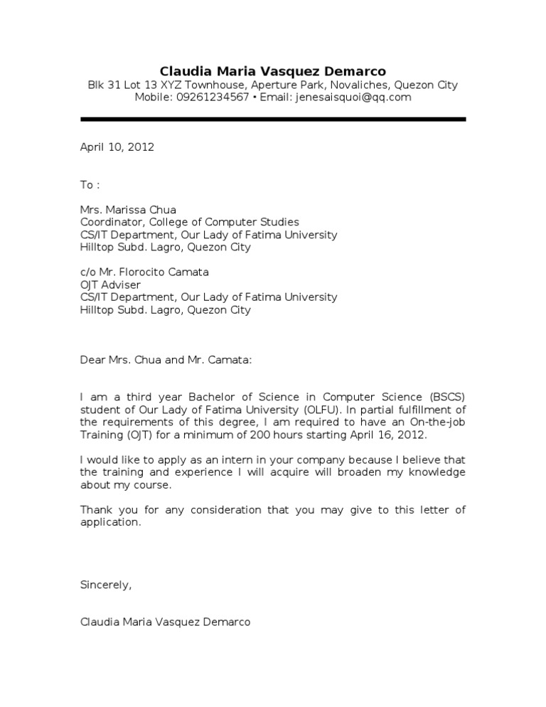 Ojt Application Letter - Formal Letter