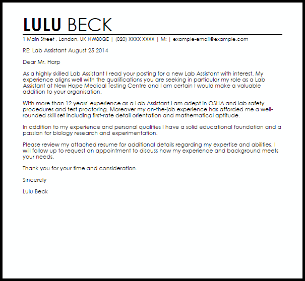 Lab Assistant Cover Letter ~ Resume Letter