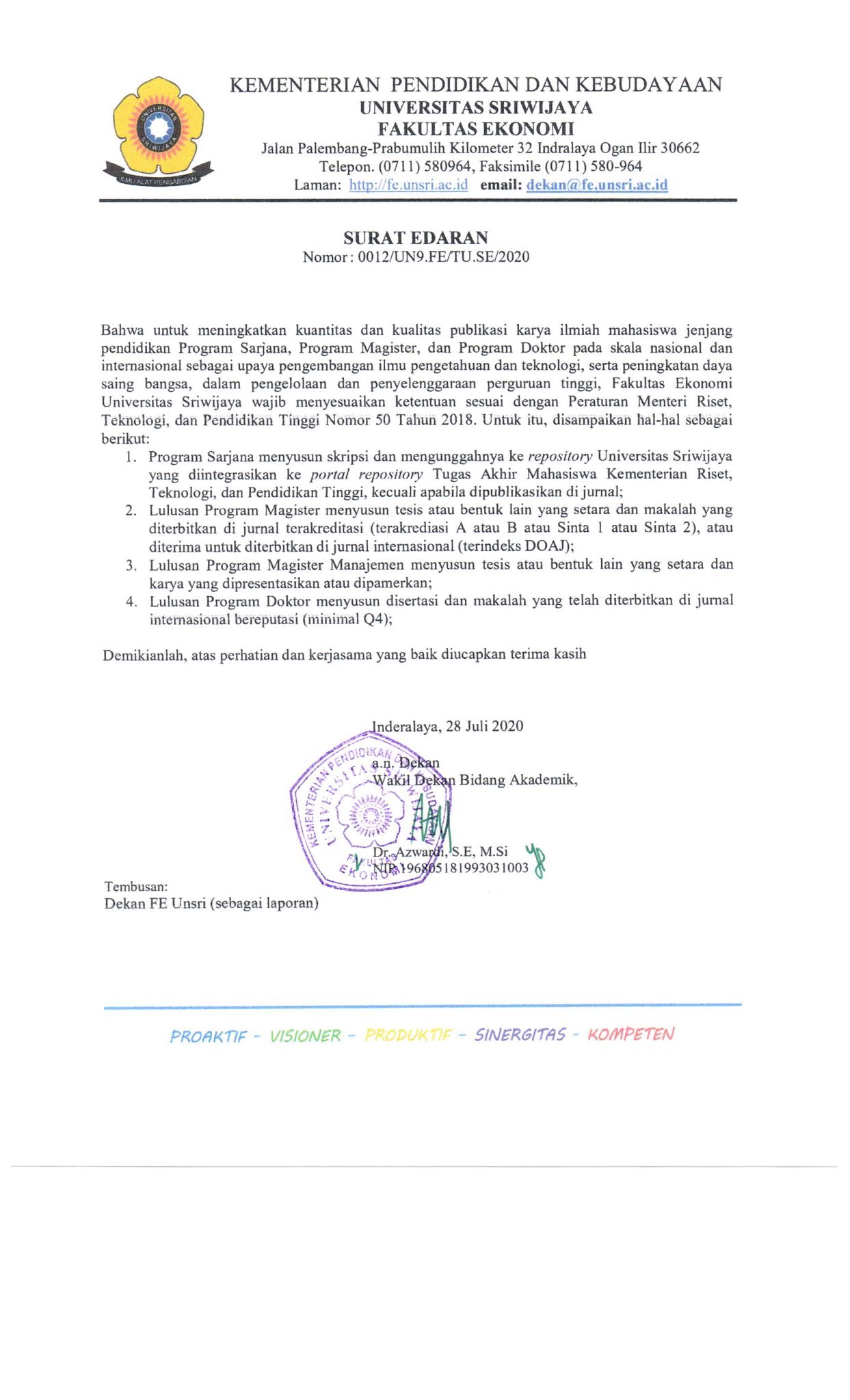 Surat Edaran Dekan FE UNSRI tentang Peningkatan Kuantitas dan Kualitas Publikasi Karya Ilmiah ...