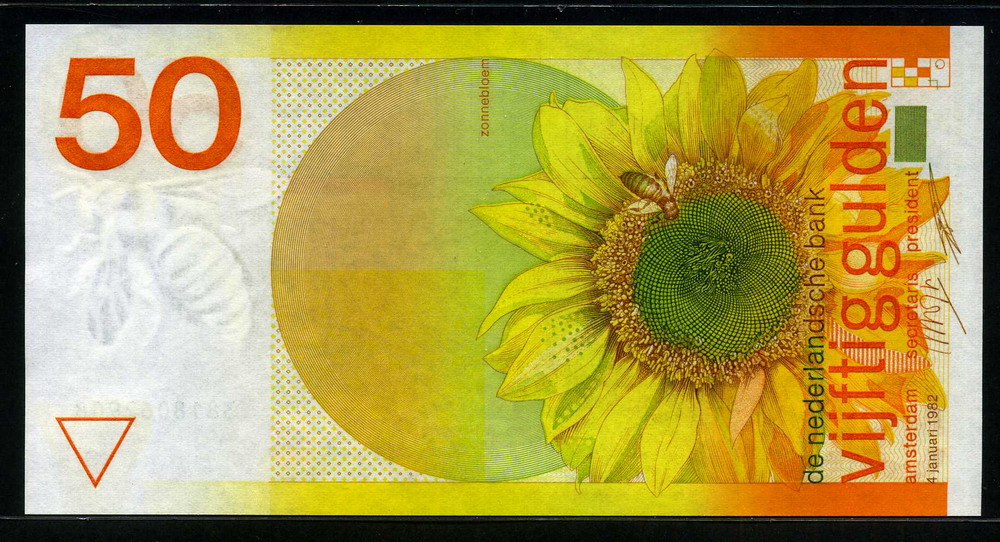 Netherlands banknotes 50 Gulden note, Sunflower with bee.