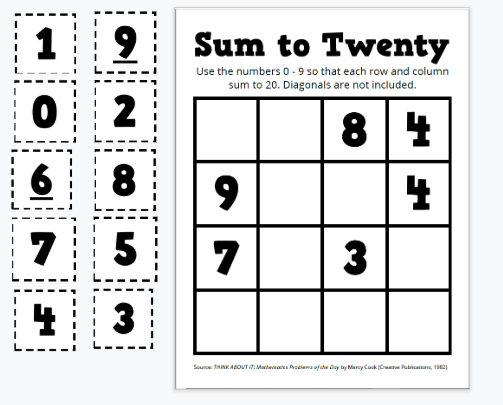 Sum to Twenty Puzzle by Marcy Cook | Math = Love