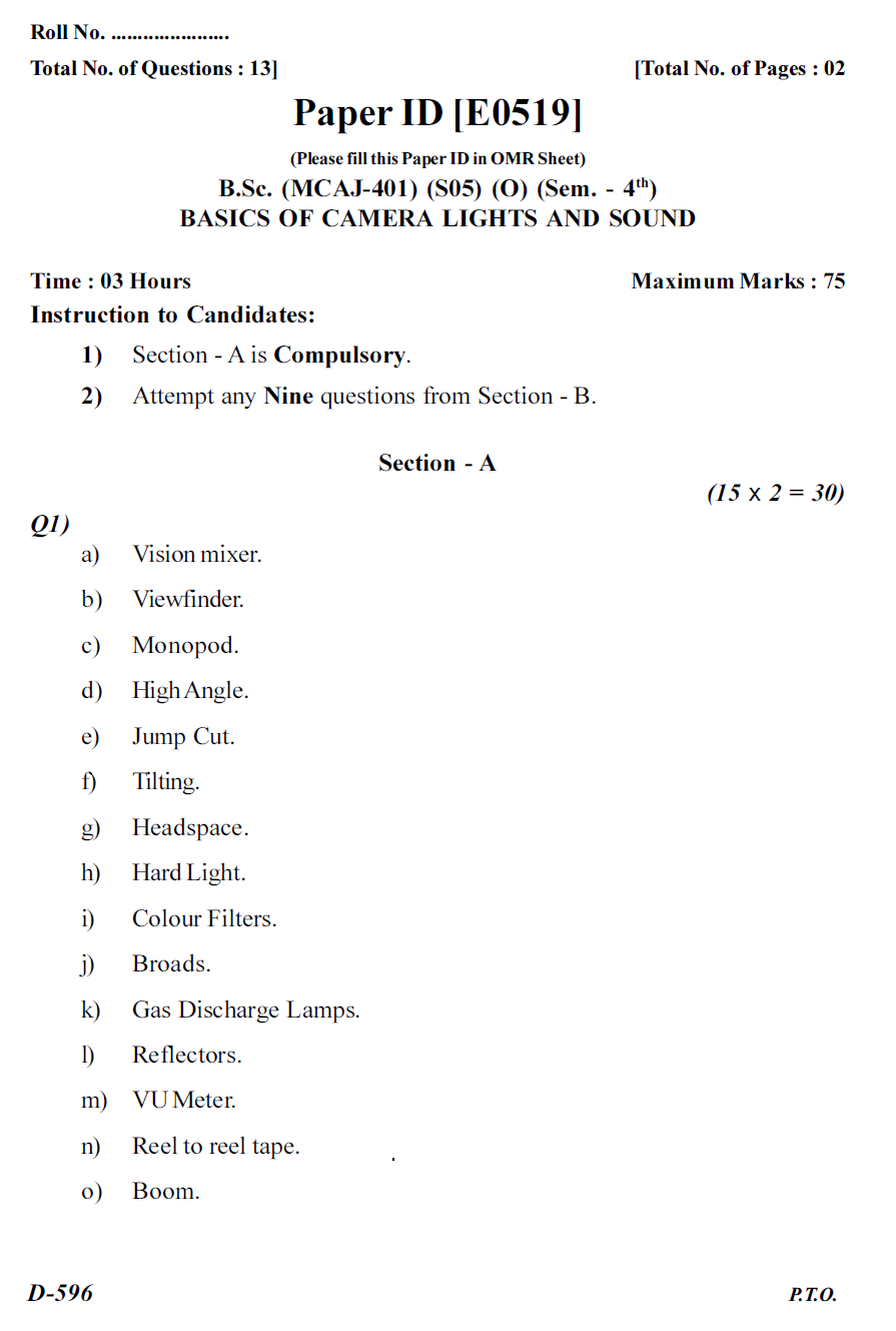 VMOU B.Sc IV Semester Basics of Camera and Sound 2011 Question Paper ...