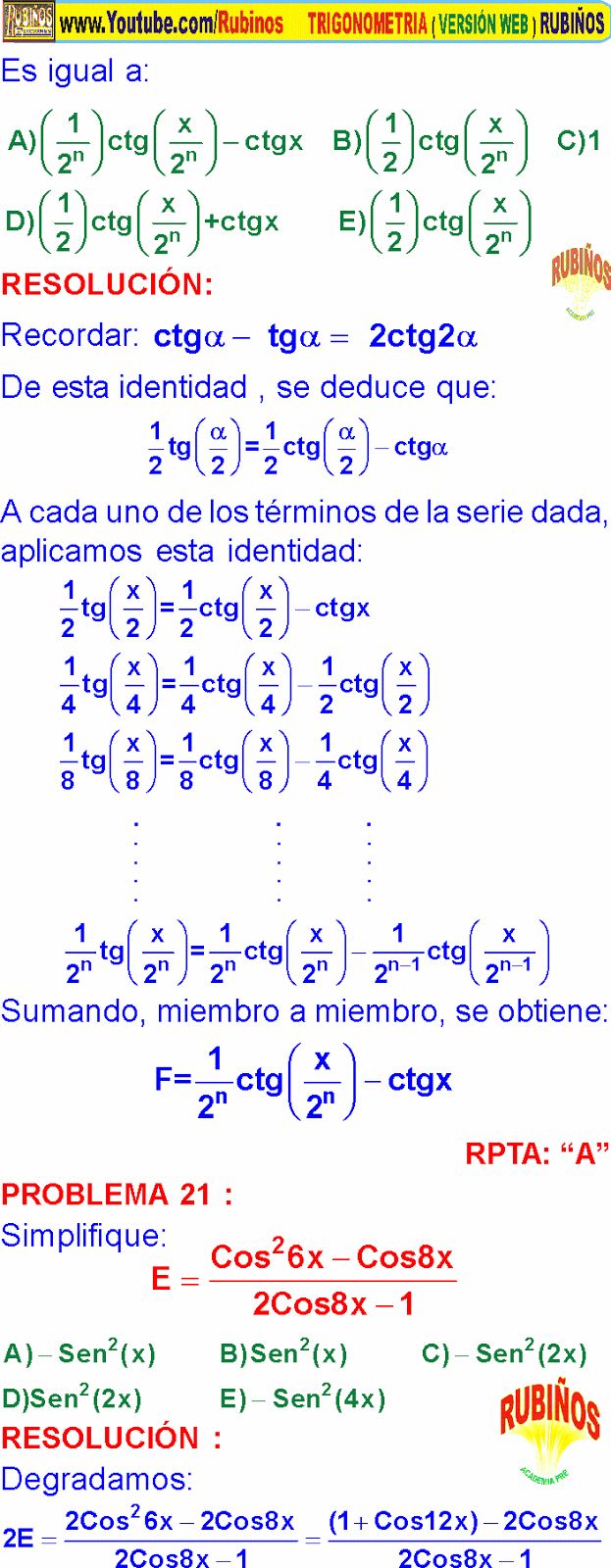 IDENTIDADES DEL ANGULO MITAD EJERCICIOS RESUELTOS DE TRIGONOMETRIA PDF