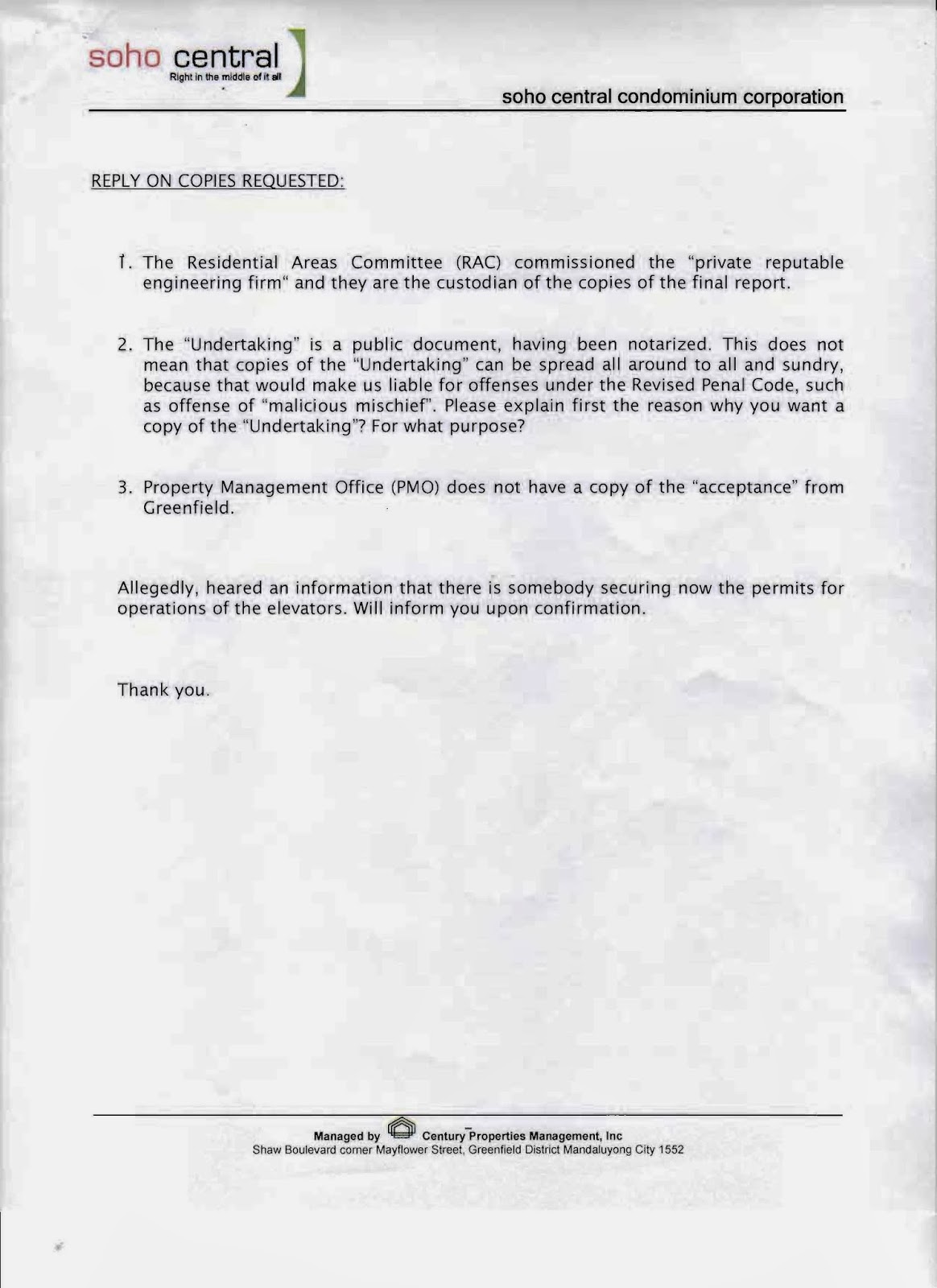 Soho Central Condominium Reply To Elevator Complaint Without Requested soho-central-condominium-reply-to-elevator-complaint-without-requested