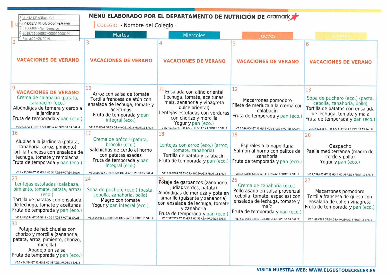Ceip San Bernardo: Menú comedor septiembre
