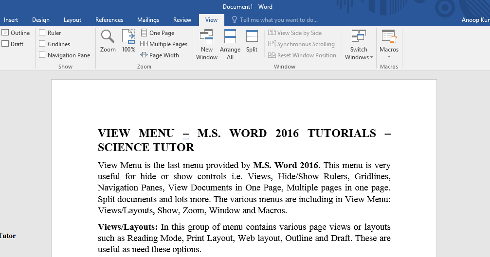 VIEW MENU – M.S. WORD 2016 TUTORIALS – SCIENCE TUTOR