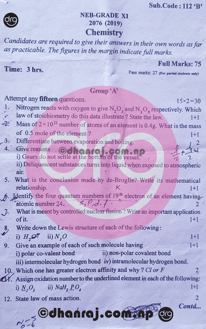 Chemistry | Grade 11-XI | Question Paper 2076 [2019] | Sub. Code: 112-B ...