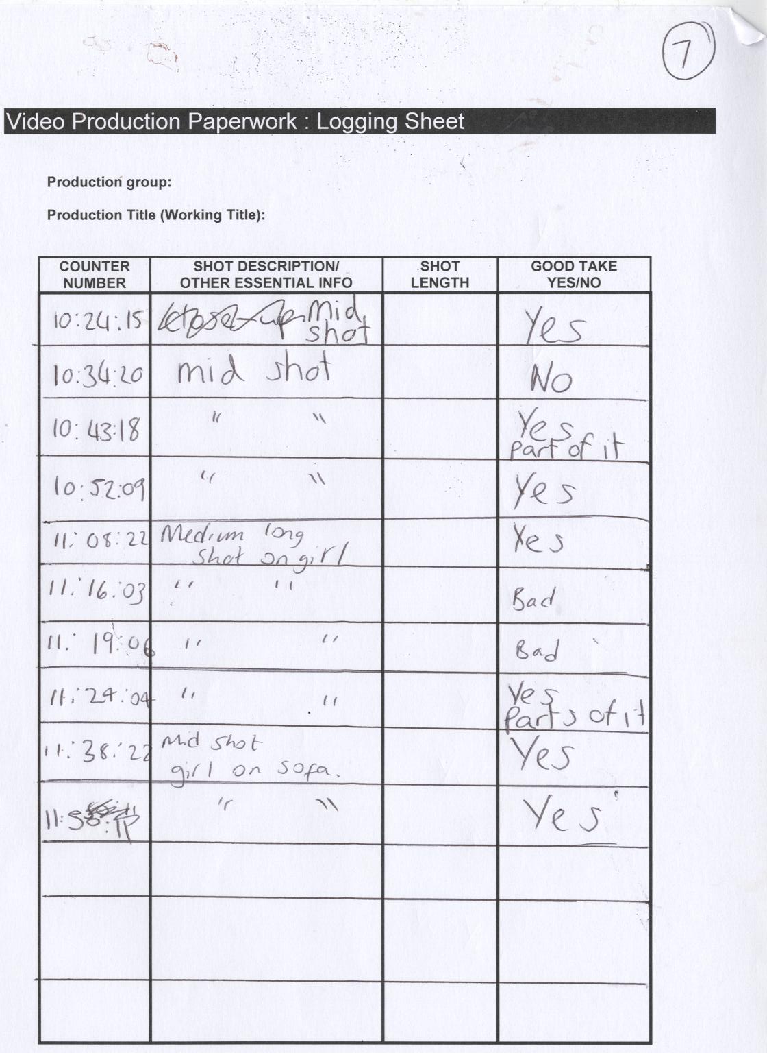 A2 Media Coursework G324: Logging sheets