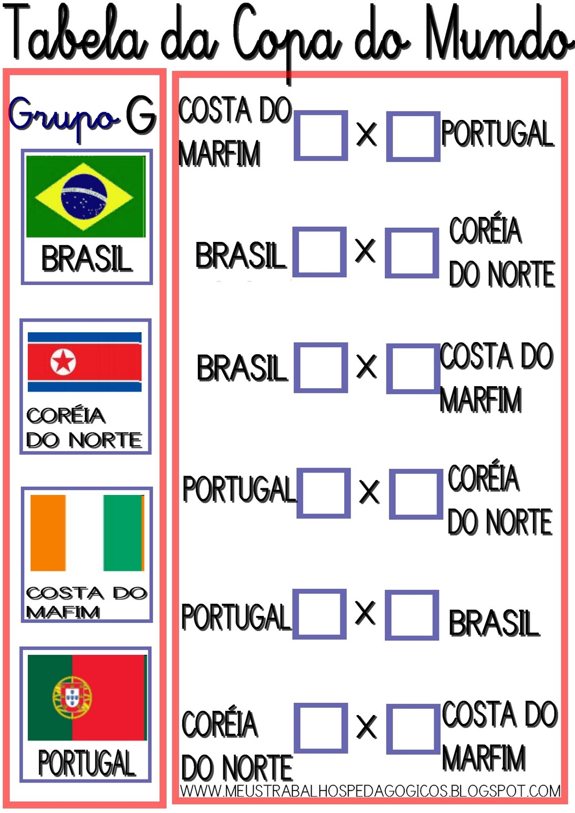Meus Trabalhos Pedagógicos ®: Tabela da Copa do Mundo Grupo G