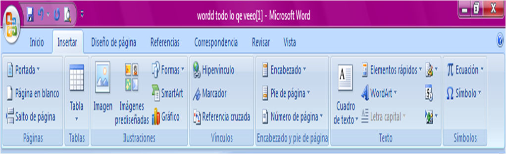 MENU INSERTAR DE WORD 2007