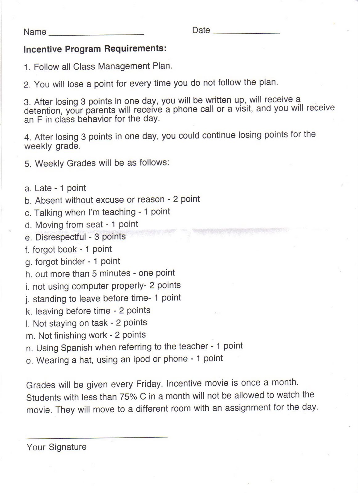 6th Grade Topics: Class Management and Incentive Contract